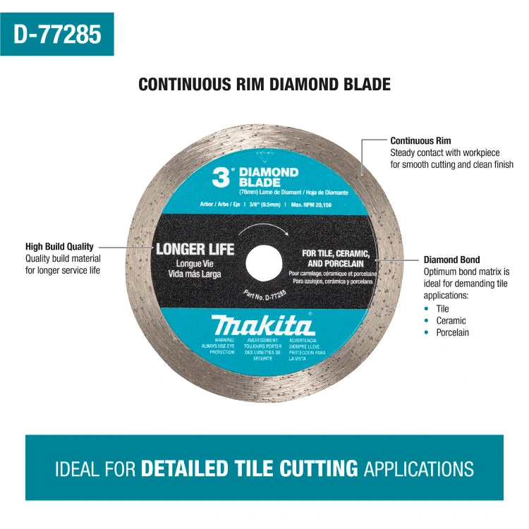 Makita D-77285 3" Continuous Rim Diamond Blade for Ceramic and Porcela ...