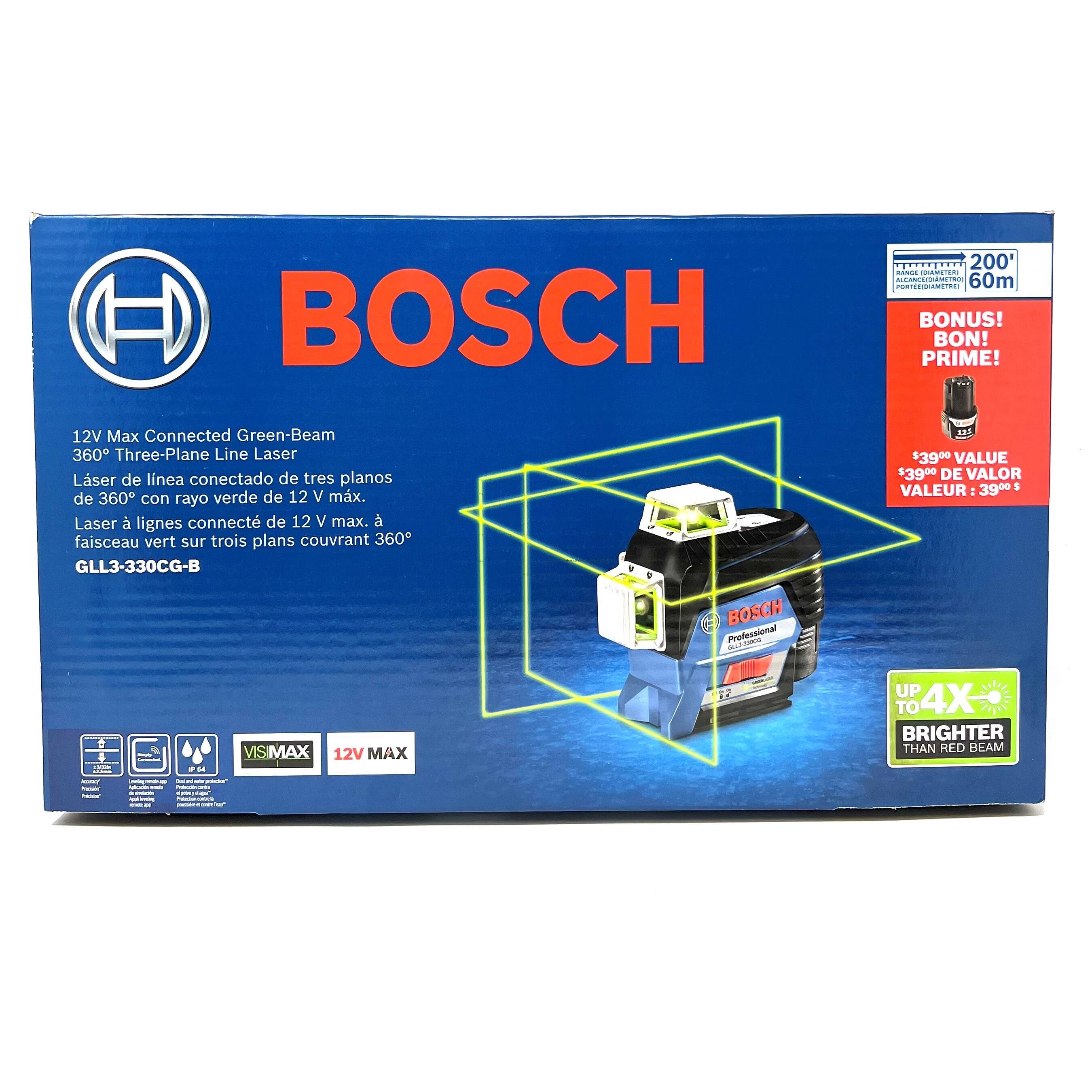 BOSCH GLL3-330CG-B 360-Degree Green Beam Three-Plane Line Laser Level ...